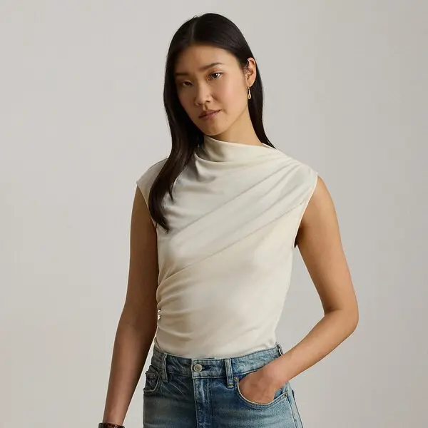 Ralph Lauren Shirred Stretch Jersey Mockneck Top - Mascarpone Cream