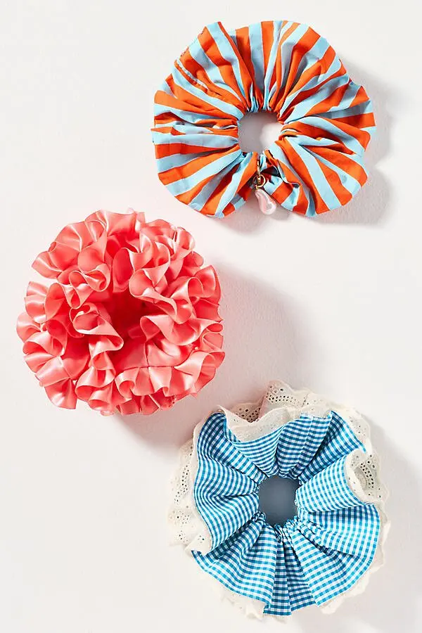 Anthropologie Textured Scrunchies, Set Of 3 - Blue/coral