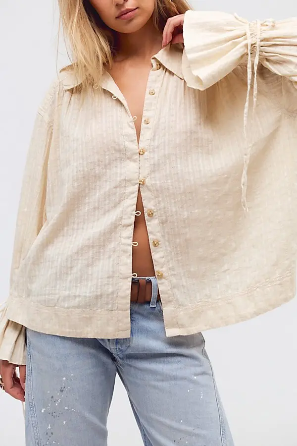 Free People We The Free Oversized Button-down Shirt With Ruffled Cuffs - Sandshore