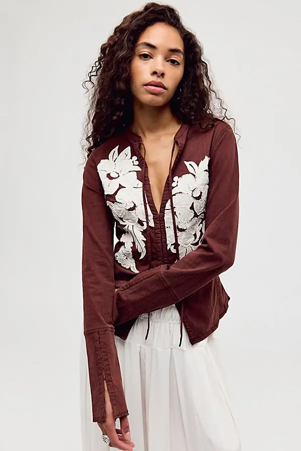 Free People We The Free Festival Nights Embroidered Top - Brown Combo