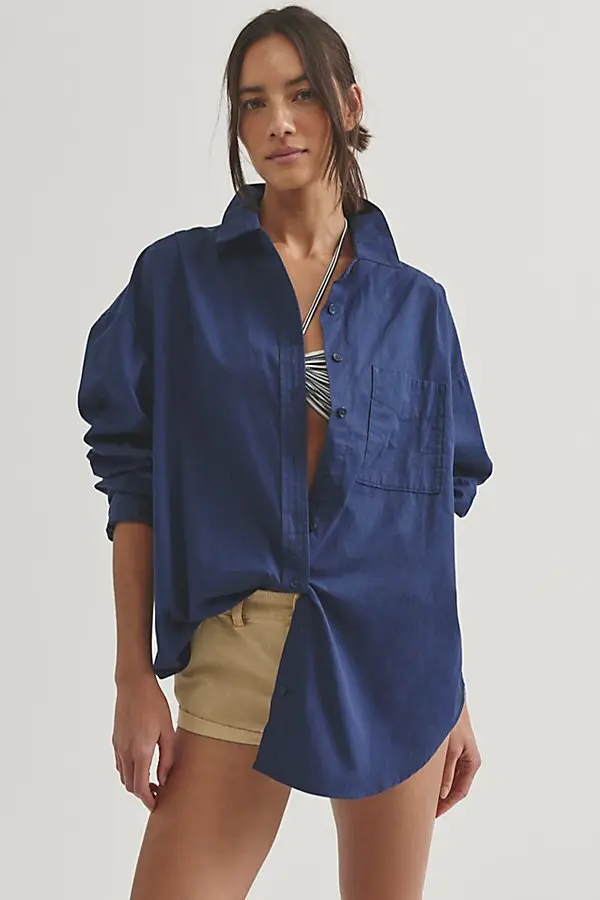 Free People We The Free Lexi Poplin Button Down Shirt - Pageant Blue