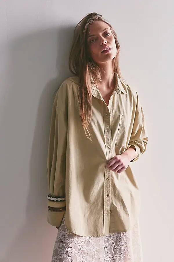 Free People We The Free Lexi Poplin Button Down Shirt - Soft Olivier