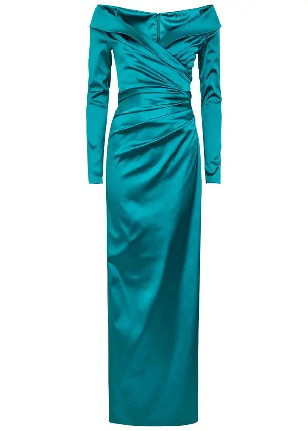 Talbot Runhof Off-the-shoulder Gathered Satin Maxi Dress - Aqua