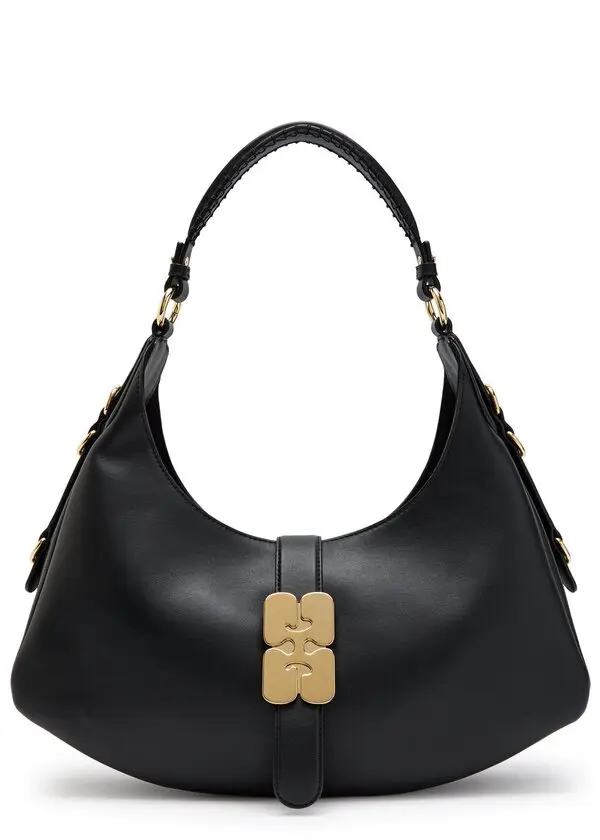GANNI Small Leather Shoulder Bag With Gold Tone Embellishments - Black