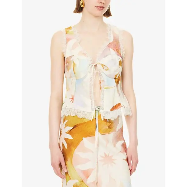 NEVER FULLY DRESSED Sleeveless Printed Woven Top With Lace Trims