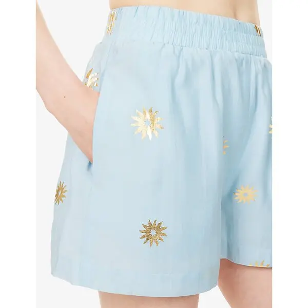 NEVER FULLY DRESSED Relaxed-fit Woven Shorts With Gold Sun Print