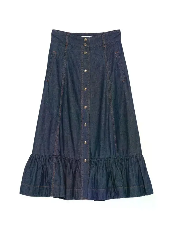Zimmermann Aster Ruffled Denim Maxi Skirt