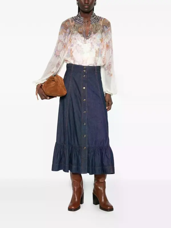Zimmermann Aster Ruffled Denim Maxi Skirt