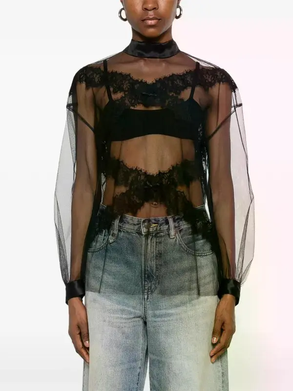 Viktor & Rolf Sheer Tulle Lace Trim High Neck Blouse