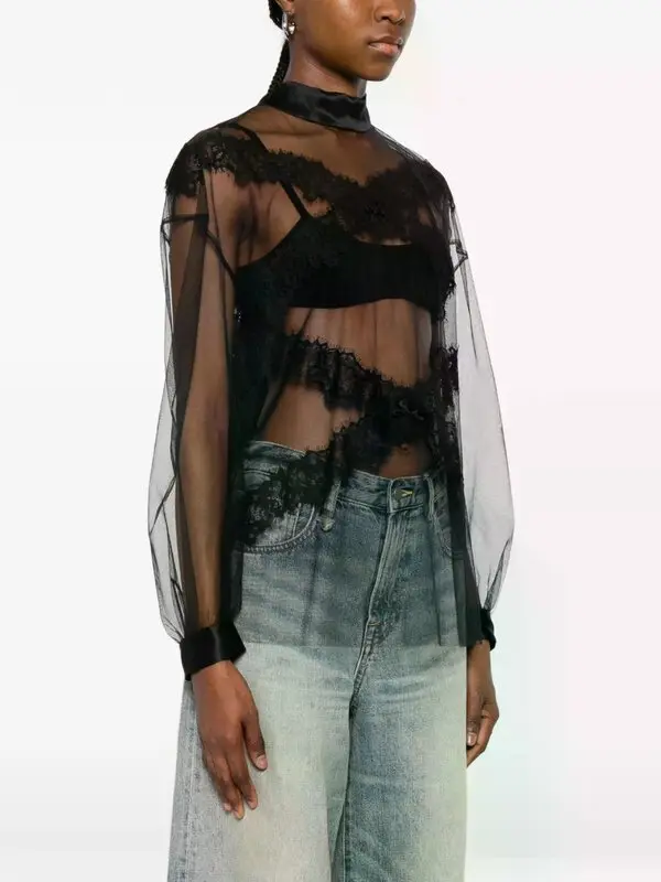 Viktor & Rolf Sheer Tulle Lace Trim High Neck Blouse