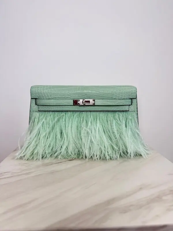 Hermès Kelly Folie Vert Deau Matte Porosus Palladium Hardware - Green