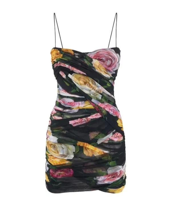 Dolce & Gabbana Ruched Floral Print Mesh Dress - Multi-color