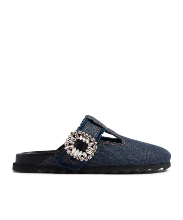 ROGER VIVIER Slidy Viv Denim Mules With Embellished Buckle - Black