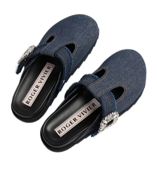 ROGER VIVIER Slidy Viv Denim Mules With Embellished Buckle - Black