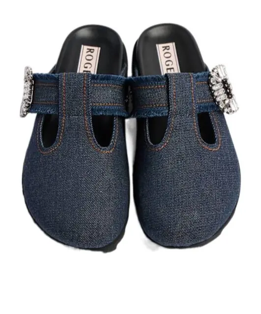 ROGER VIVIER Slidy Viv Denim Mules With Embellished Buckle - Black