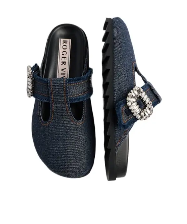 ROGER VIVIER Slidy Viv Denim Mules With Embellished Buckle - Black