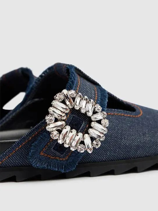 ROGER VIVIER Slidy Viv Denim Mules With Embellished Buckle - Black