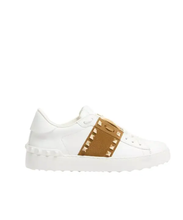 Valentino Garavani Rockstud Untitled Sneakers In Calfskin - White/havana Beige