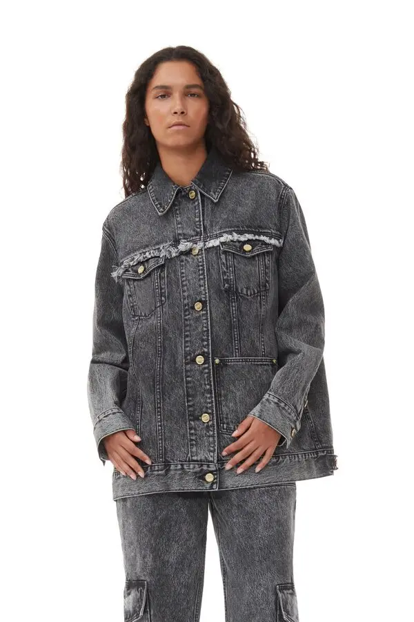 GANNI Buttoned Denim Jacket With Logo Buttons And Buckled Cuffs