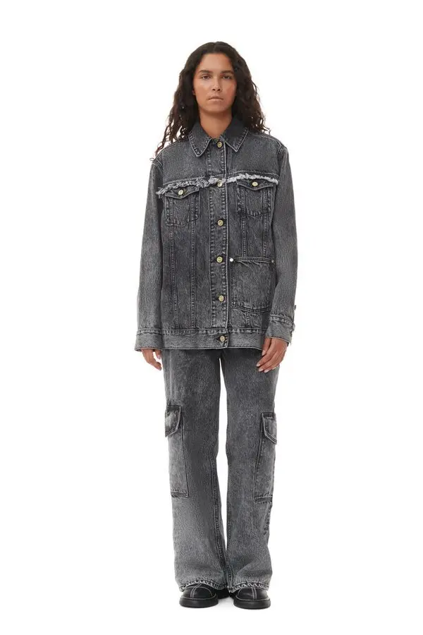 GANNI Buttoned Denim Jacket With Logo Buttons And Buckled Cuffs