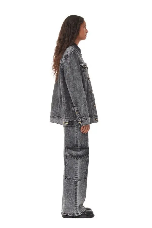 GANNI Buttoned Denim Jacket With Logo Buttons And Buckled Cuffs