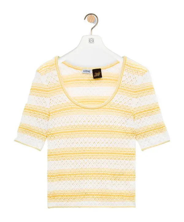Loewe Striped Short Sleeve Knit Sweater With Fan Trim - White/yellow