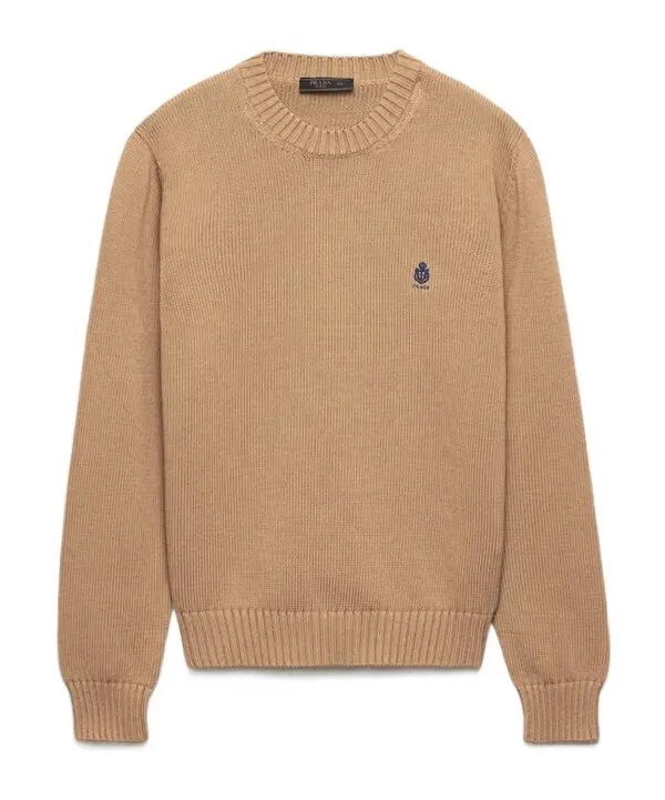 Prada Logo Embroidered Cotton Crew Neck Jumper - Camel Brown