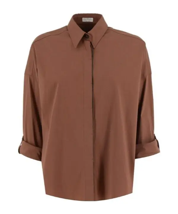 Brunello Cucinelli Classic Collar Shirt With Curved Hem - Brown