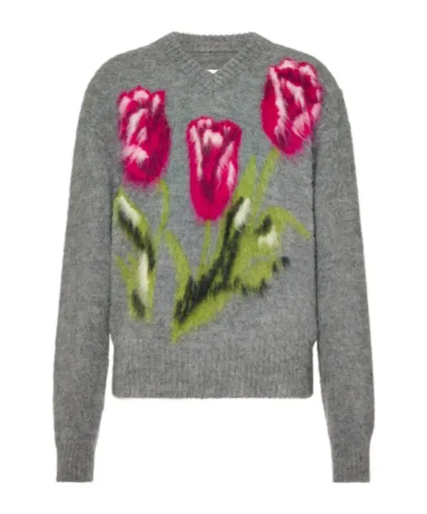 MAISON MARGIELA Floral Intarsia V-neck Sweater - Gray