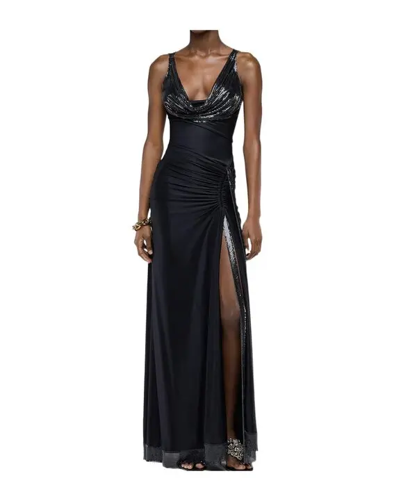 Rabanne Sleeveless Cowl Neck Maxi Dress With Slit - Black