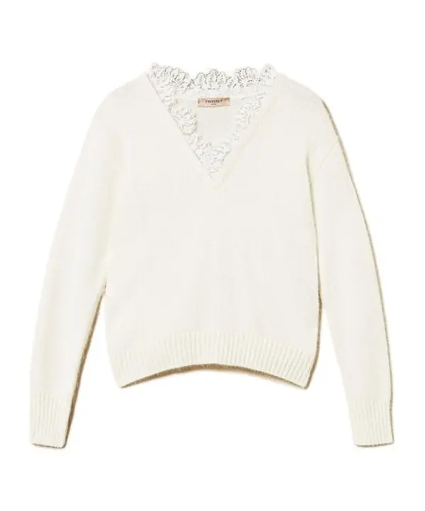 TWINSET Lace Trim V-neck Sweater - White