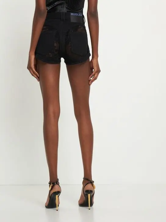 MUGLER Lace Trimmed Denim Shorts
