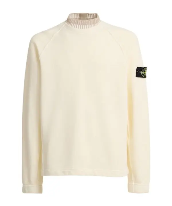 Stone Island Cotton Sweatshirt With Ribbed Trim And Sleeve Logo Patch - White