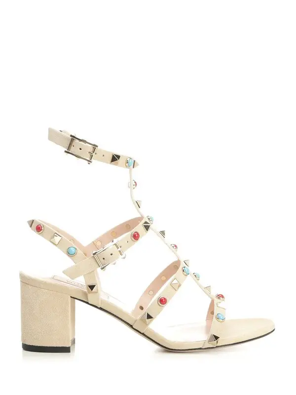 Valentino Garavani Rockstud Suede Sandals With Embellishments - Cream