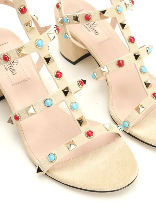 Valentino Garavani Rockstud Suede Sandals With Embellishments - Cream