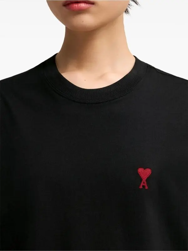 AMI Paris De Coeur" Embroidered Cotton T-shirt - Black