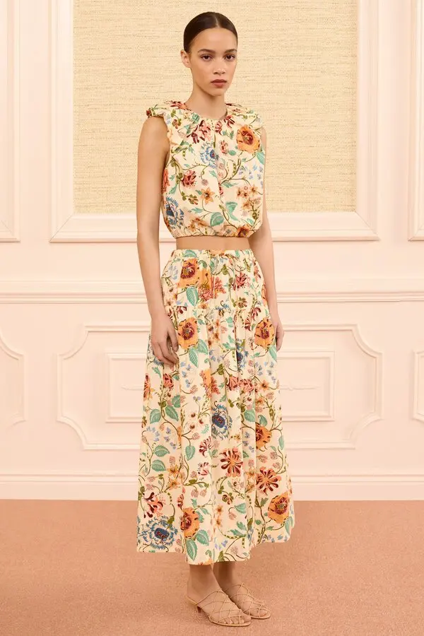 Ulla Johnson Theodora Floral Cotton Tiered Midi Skirt - Abalone