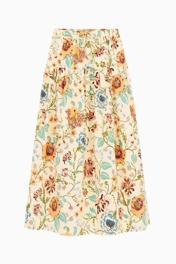 Ulla Johnson Theodora Floral Cotton Tiered Midi Skirt - Abalone