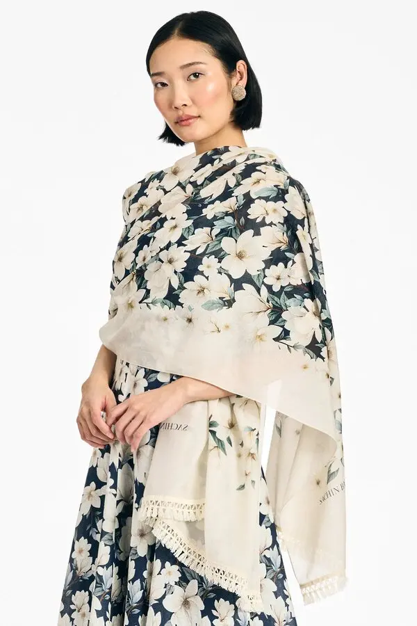 Sachin & Babi Florie Blue Ivory Floral Cotton Silk Scarf - Midnight Magnolia