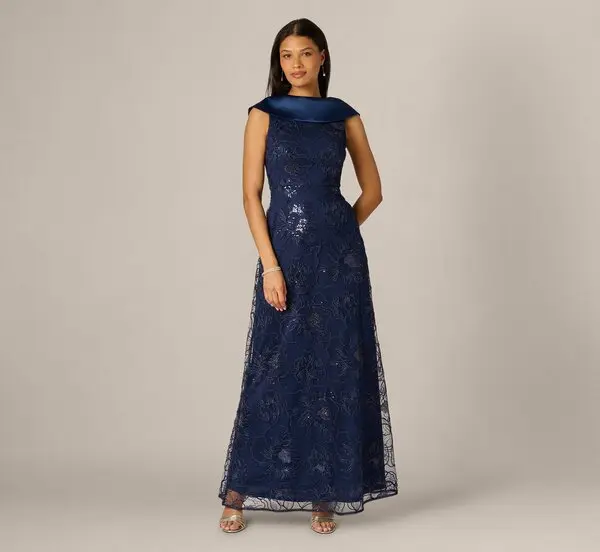 Adrianna Papell Floral Embroidered Satin Roll Collar Gown - Midnight