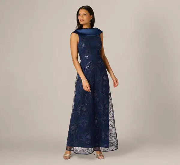Adrianna Papell Floral Embroidered Satin Roll Collar Gown - Midnight