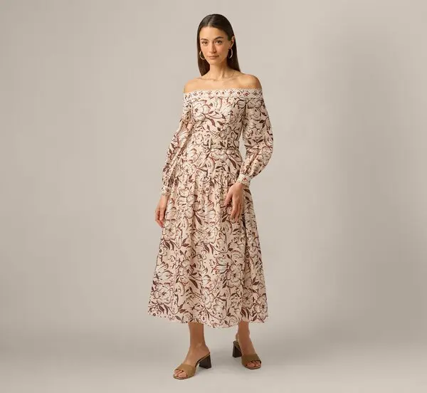 Adrianna Papell Off-shoulder Floral Print Belted Cotton Dress - Ecru/chocolate