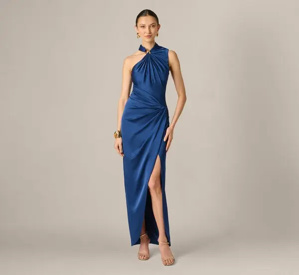 Aidan Mattox Asymmetrical Draped Halter Gown With Metallic Hardware - Navy