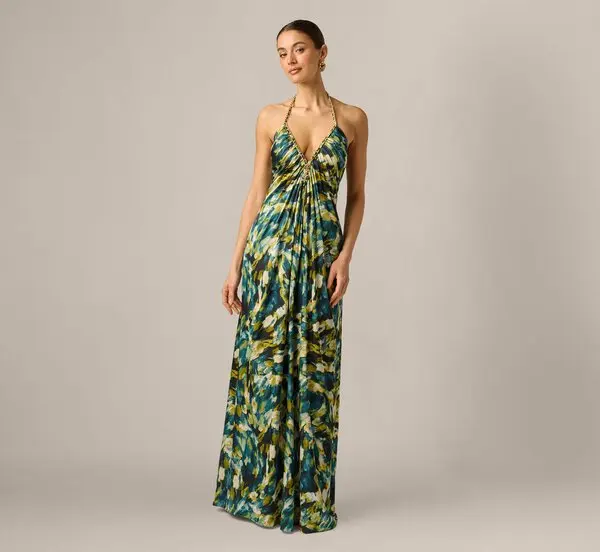 Adrianna Papell Printed Stretch Satin Chain Halter Gown - Green Multi