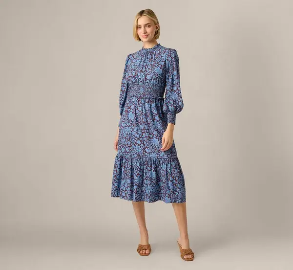 Adrianna Papell Long Sleeve Floral Print Mia Midi Dress In Brown Blue - Brown/blue