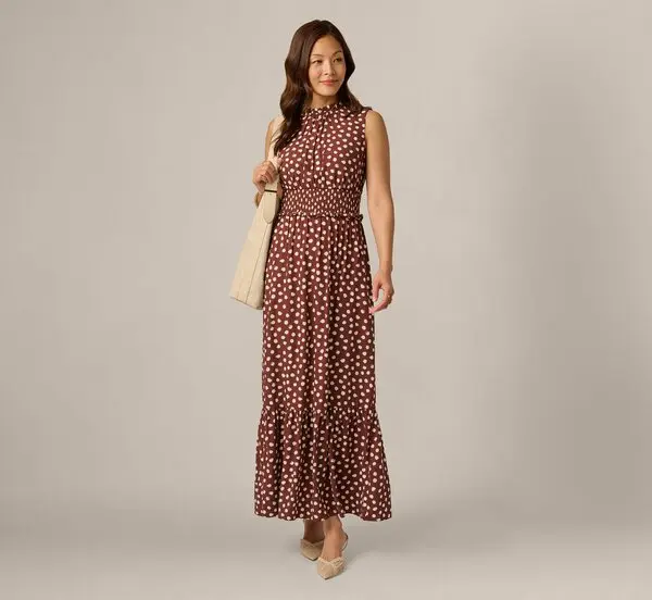 Adrianna Papell Dot Print Mia Maxi Dress In Brown Ecru - Brown/ecru