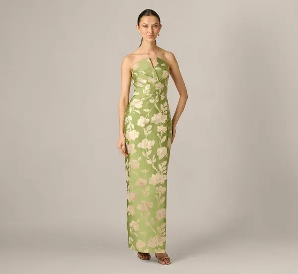 Aidan Mattox Strapless Draped Floral Jacquard Column Gown - Fern