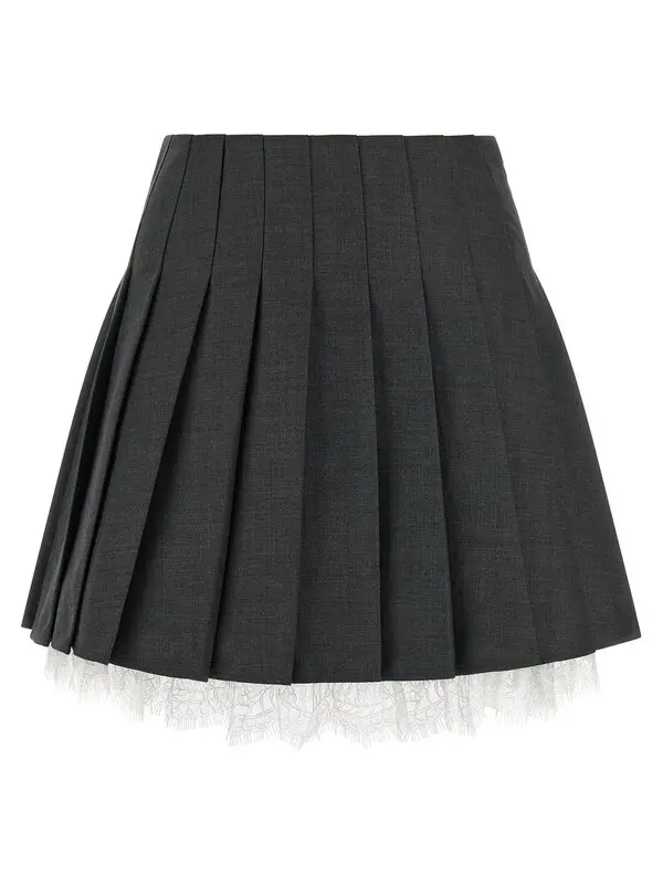 SELF-PORTRAIT Pleated Mini Skirt With Lace Trim - Gray
