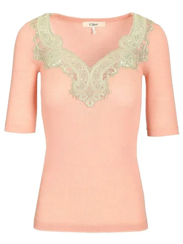Chloé Wool Rib Knit & Guipure Lace Sweater - Multicolor