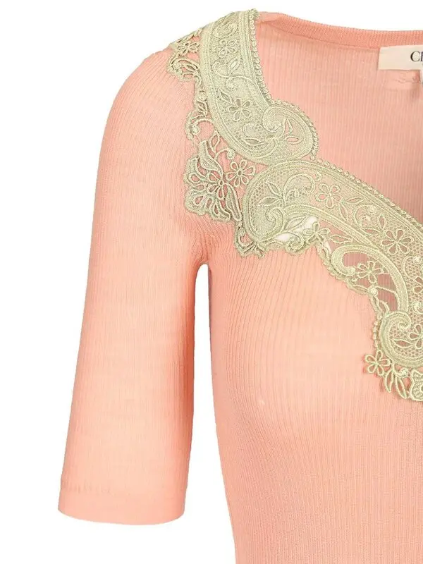 Chloé Wool Rib Knit & Guipure Lace Sweater